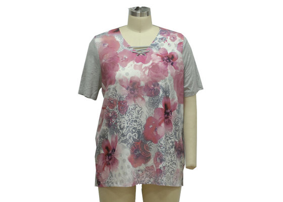 Grey Melange Jersey Ladies Casual T Shirts V Neckline With Rivets & Binding supplier