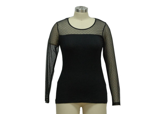 See Through Mesh Neck Sleeve Women Casual Attire , Women'S Fitted Black T Shirt supplier