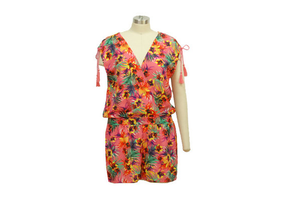 Satin Ladies Summer Jumpsuits , Loose Off The Shoulder Floral Jumpsuit Mesh Fabric supplier