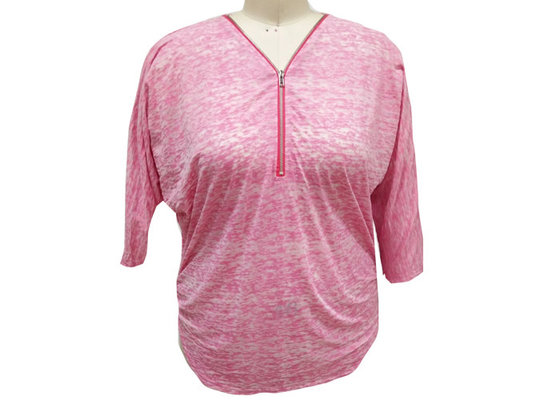1/2 Length Batwing Sleeves Ladies Casual T Shirt Half Zipper V Neck Snow Mélange Fabric supplier