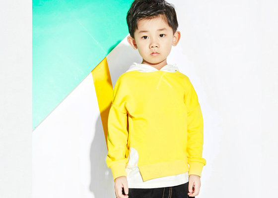 Yellow Fake Two Pieces Boys Fall Sweaters , Cute Little Boy Clothes With Hood supplier