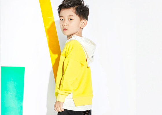 Yellow Fake Two Pieces Boys Fall Sweaters , Cute Little Boy Clothes With Hood supplier