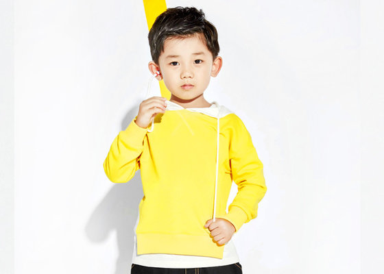 Yellow Fake Two Pieces Boys Fall Sweaters , Cute Little Boy Clothes With Hood supplier