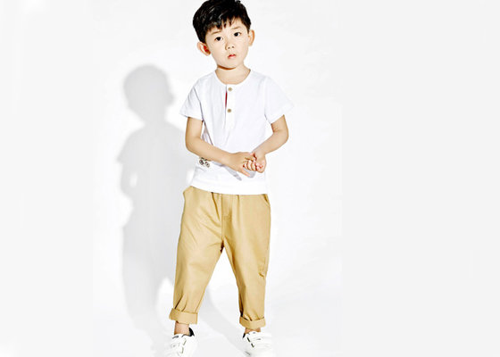 Toddler Boy Summer Clothes , White And Khaki Boys Shirt And Pant Woven Cotton Fabric supplier