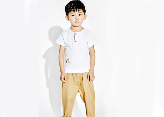 Toddler Boy Summer Clothes , White And Khaki Boys Shirt And Pant Woven Cotton Fabric supplier