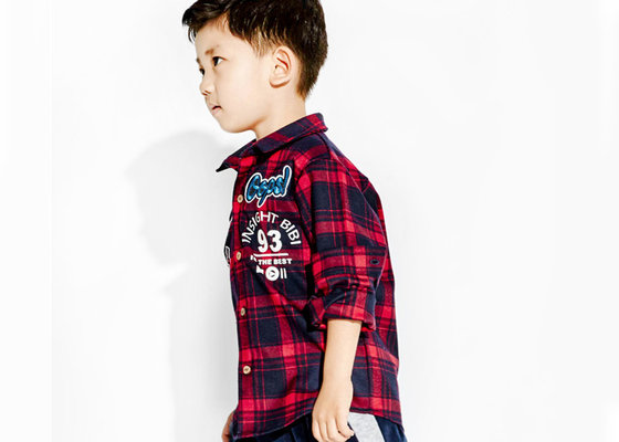 Checked Woven Fabric Kids Boys Clothes Kids Long Sleeve Polo Shirts Soft supplier