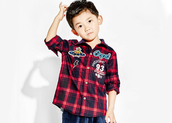 Checked Woven Fabric Kids Boys Clothes Kids Long Sleeve Polo Shirts Soft supplier