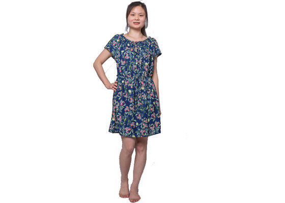 Short Sleeve Floral Maxi 100 Polyester Maxi Dress With Smocked Around Shoulder supplier