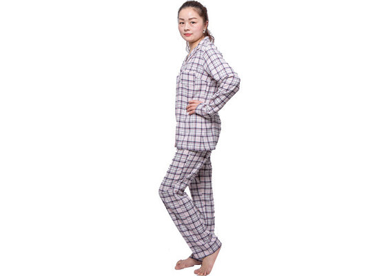 Ladies Yarn Dye Check Flannel Pyjamas , Womens Flannel Pajamas Full Open Placket supplier