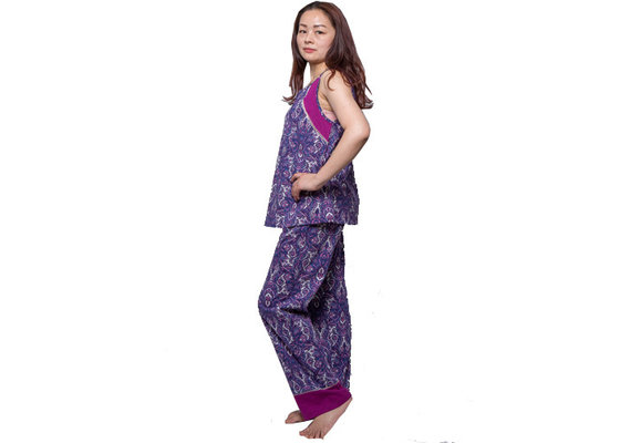 Fashion Womens Summer Nightwear Water Print Fabric Waistcoat And Long Pant With Cotton Lace supplier
