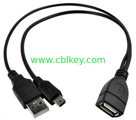 USB 2.0 A Female to Mini B male OTG Cable with A male power splitter cable