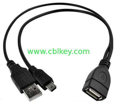 USB 2.0 A Female to Mini B male OTG Cable with A male power splitter cable