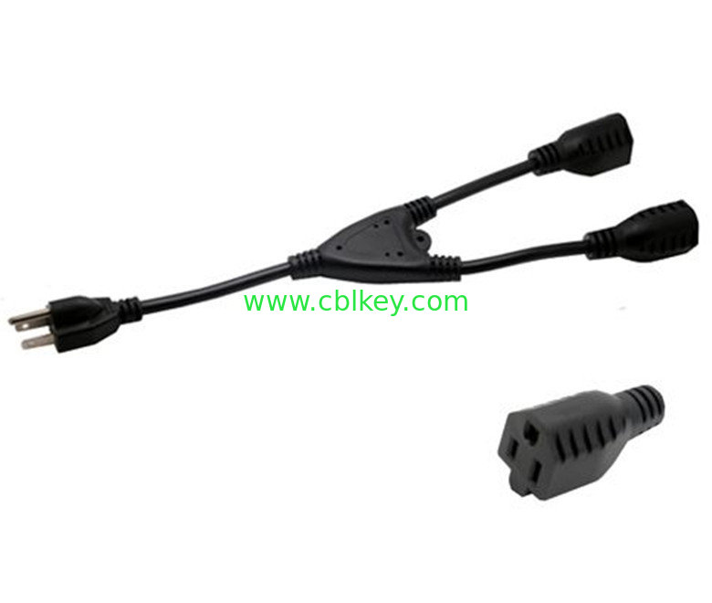 Short Power cable, Y-Splitter, Nema 5-15P to 5-15R x 2 cable 1ft