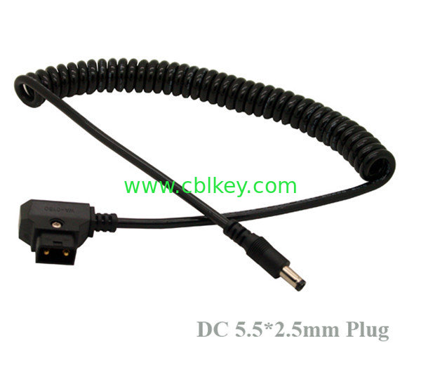 2M Coiled D-Tap Male to DC 5.5x2.5mm Cable for DSLR Rig Power V-Mount Anton Battery