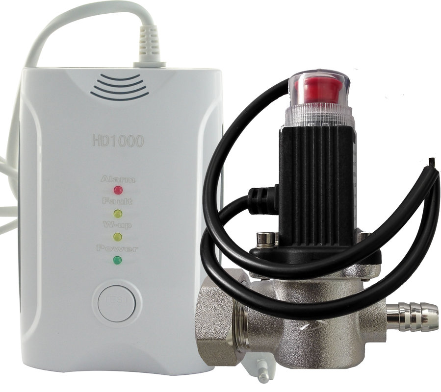 LPG gas alarm with gas solenoid shutoff valve with nozzle and relay output for gas cylinder use