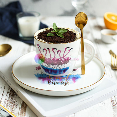 Flamingo Gold Rim Ceramic Cup And Saucer Personalized Tea Cup And Saucer