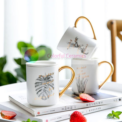 househould ceramics 350ml ceramic coffee mug water mug milk mug gold decal and electroplate handle