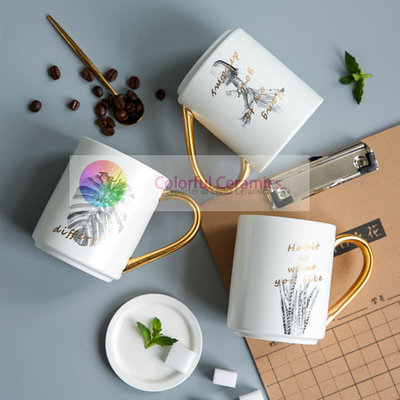 househould ceramics 350ml ceramic coffee mug water mug milk mug gold decal and electroplate handle