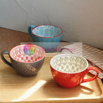 380ml Custom Embossed Mugs Personalized Ceramic Cups With Machine Printed