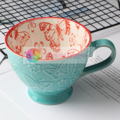380ml Ceramic Custom Embossed Mugs Stoneware Food Contact Safe Design
