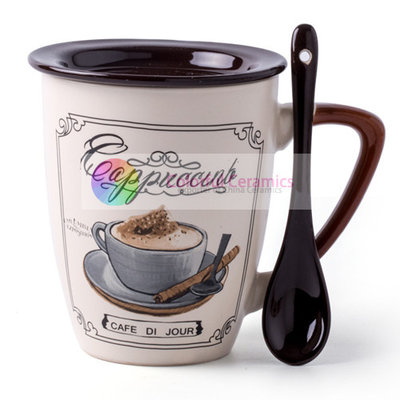 350ml Handmade Stoneware Mugs Decal Design Safety With Spoon And Lid