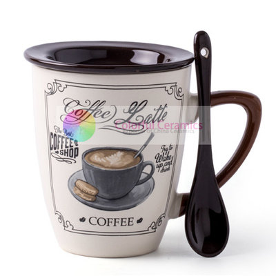 350ml Handmade Stoneware Mugs Decal Design Safety With Spoon And Lid
