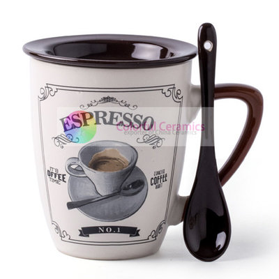 350ml Handmade Stoneware Mugs Decal Design Safety With Spoon And Lid