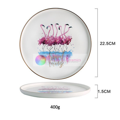 Breakfast Ware 22.5cm Custom Printed Ceramic Plates Gold Rim For Spaghetti