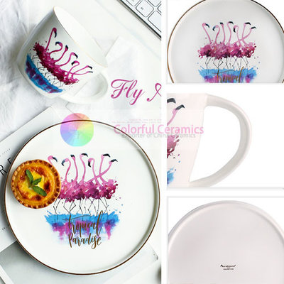 Breakfast Ware 22.5cm Custom Printed Ceramic Plates Gold Rim For Spaghetti