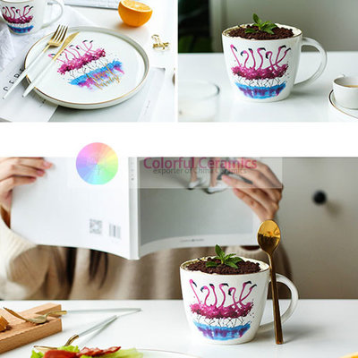 Breakfast Ware 22.5cm Custom Printed Ceramic Plates Gold Rim For Spaghetti
