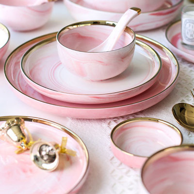 Gold Decal Marble Porcelain Dinnerware Sets Food Contact Safe Type