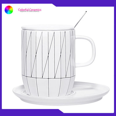 400ml Ceramic Dinnerware Sets White Geometric Pattern With Lid And Spoon