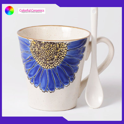 Sesame Glaze Handmade Stoneware Coffee Mugs 10.5cm D*10.7cm H With Spoon
