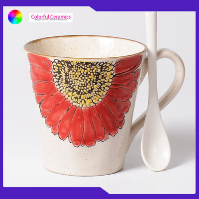 Sesame Glaze Handmade Stoneware Coffee Mugs 10.5cm D*10.7cm H With Spoon