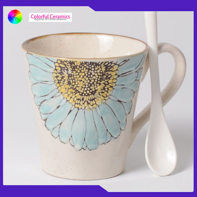 Sesame Glaze Handmade Stoneware Coffee Mugs 10.5cm D*10.7cm H With Spoon