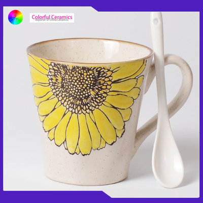 Sesame Glaze Handmade Stoneware Coffee Mugs 10.5cm D*10.7cm H With Spoon
