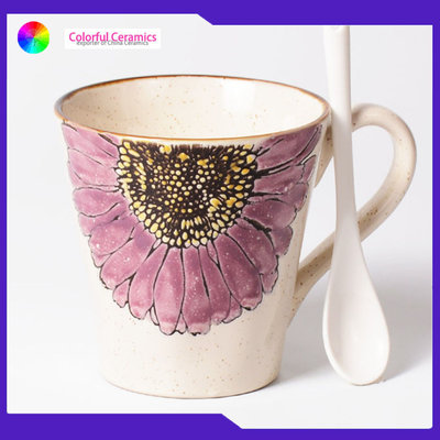 Sesame Glaze Handmade Stoneware Coffee Mugs 10.5cm D*10.7cm H With Spoon