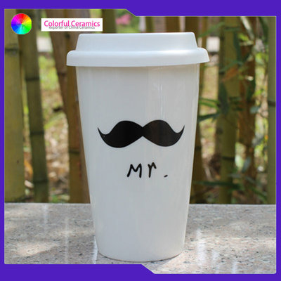 Lead Free 380ml Travelling Ceramic Mugs Double Layer Coffee Cup With Silicon Lid