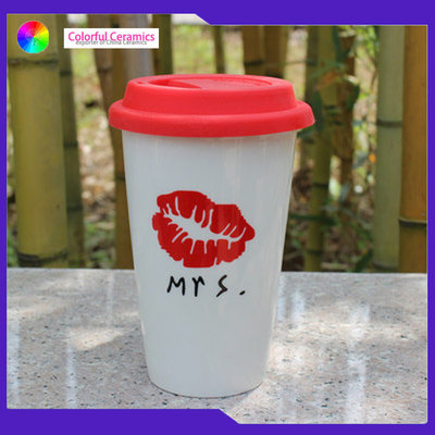 Lead Free 380ml Travelling Ceramic Mugs Double Layer Coffee Cup With Silicon Lid