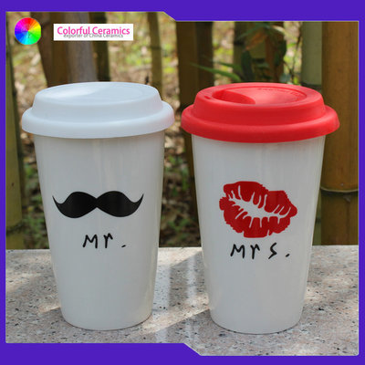 Lead Free 380ml Travelling Ceramic Mugs Double Layer Coffee Cup With Silicon Lid