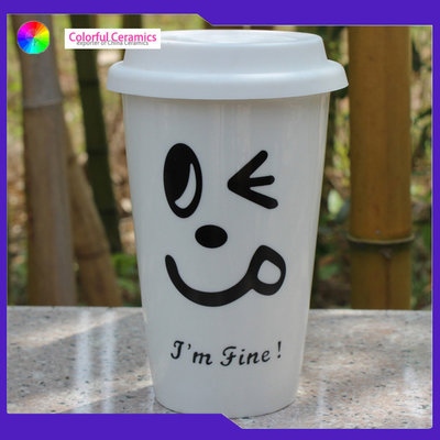 Portable Travel Mug Ceramic Coffee Cup Without Handle Smiling Face Pattern