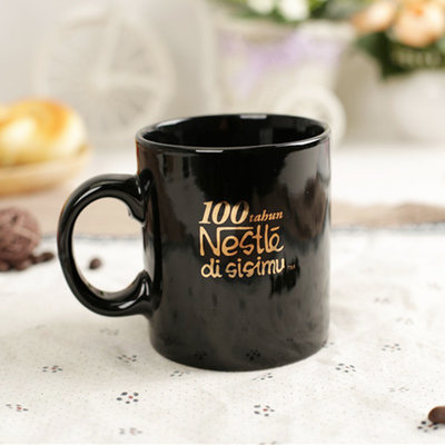 Bright Black Real Gold Logo Promotional Ceramic Coffee Mugs Microwave Safe 301-400ml