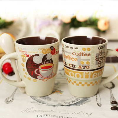 Inside Brown Ceramic Decal Coffee Mug Disherwasher Safe With Spoon Bullet Shape