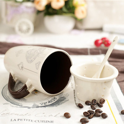High Ceramic Drum Printed Coffee Mugs Oven Safe With Lid Spoon Tea Set Suit