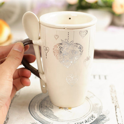 High Ceramic Drum Printed Coffee Mugs Oven Safe With Lid Spoon Tea Set Suit