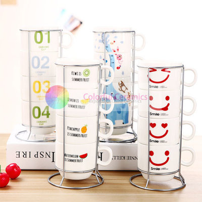 320ml Cute Monogram Coffee Mug Set With Holder , Coffee Cup Set With Stand