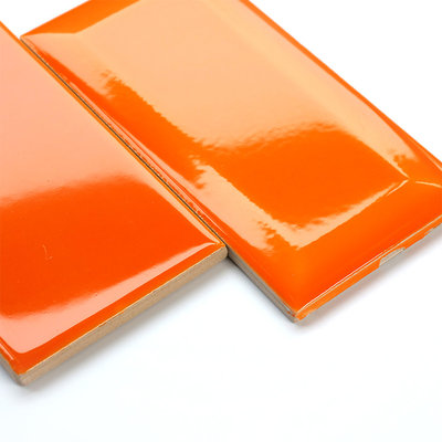 Orange Glossy Beveled Ceramic Subway Tile Antibacterial For Interior Wall