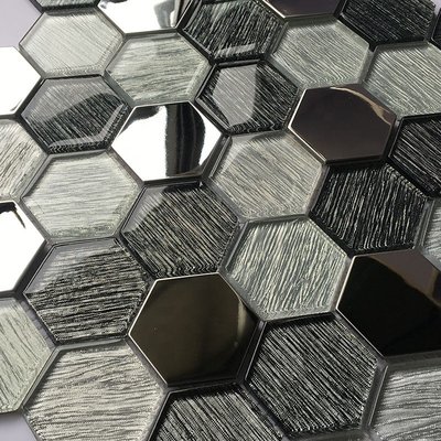 Hexagon Mosaic Glass Mosaic Tiles Metal Element Modern Kitchen Splashback Tiles