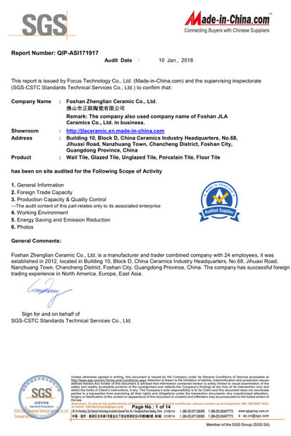 China Foshan JLA Ceramics Co.,Ltd certification