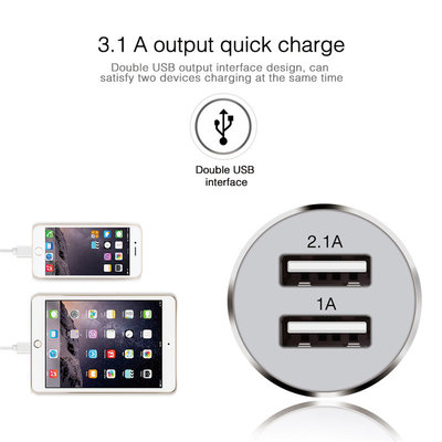 China 12V 3.1A Aluminium Alloy dual port usb cell phone smart car charger with rohs certificate for Smart Phone Tablets supplier